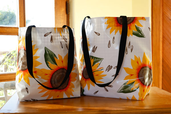 Reversible Oilcloth Totebag - Sunflowers with Black Gingham - Two Size ...
