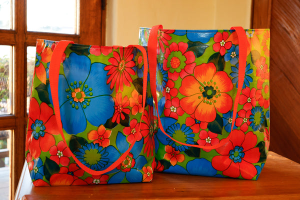 Reversible Oilcloth Totebag - Green Flora with Orange Gingham, Two Siz ...