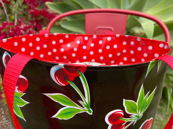 Reversible Oilcloth Totebag - Black Cherry with White on Red Polka - T ...